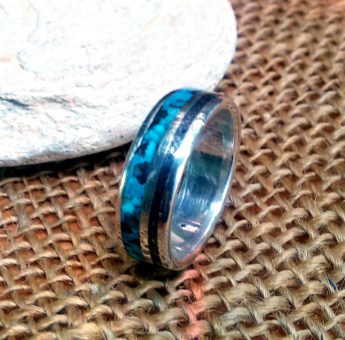 Turquoise Meteorite Inlay Sterling Ring Band. 2mm Thickness. | Etsy