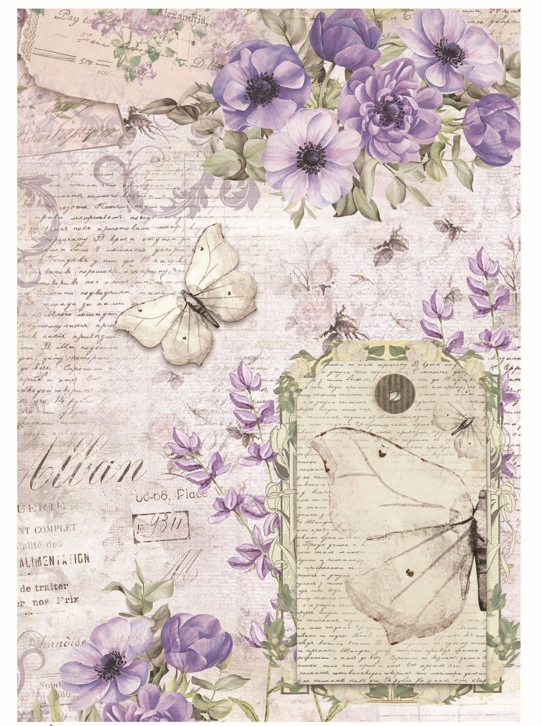 Purple Flower Vintage Decoupage Decoupage Art Large Size Rice Paper for ...