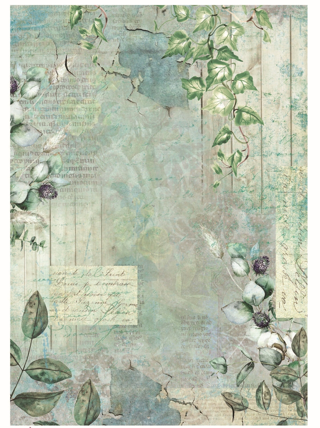 Green Floral Rice Paper - Large Size - Vintage Decoupage Art, Furniture ...