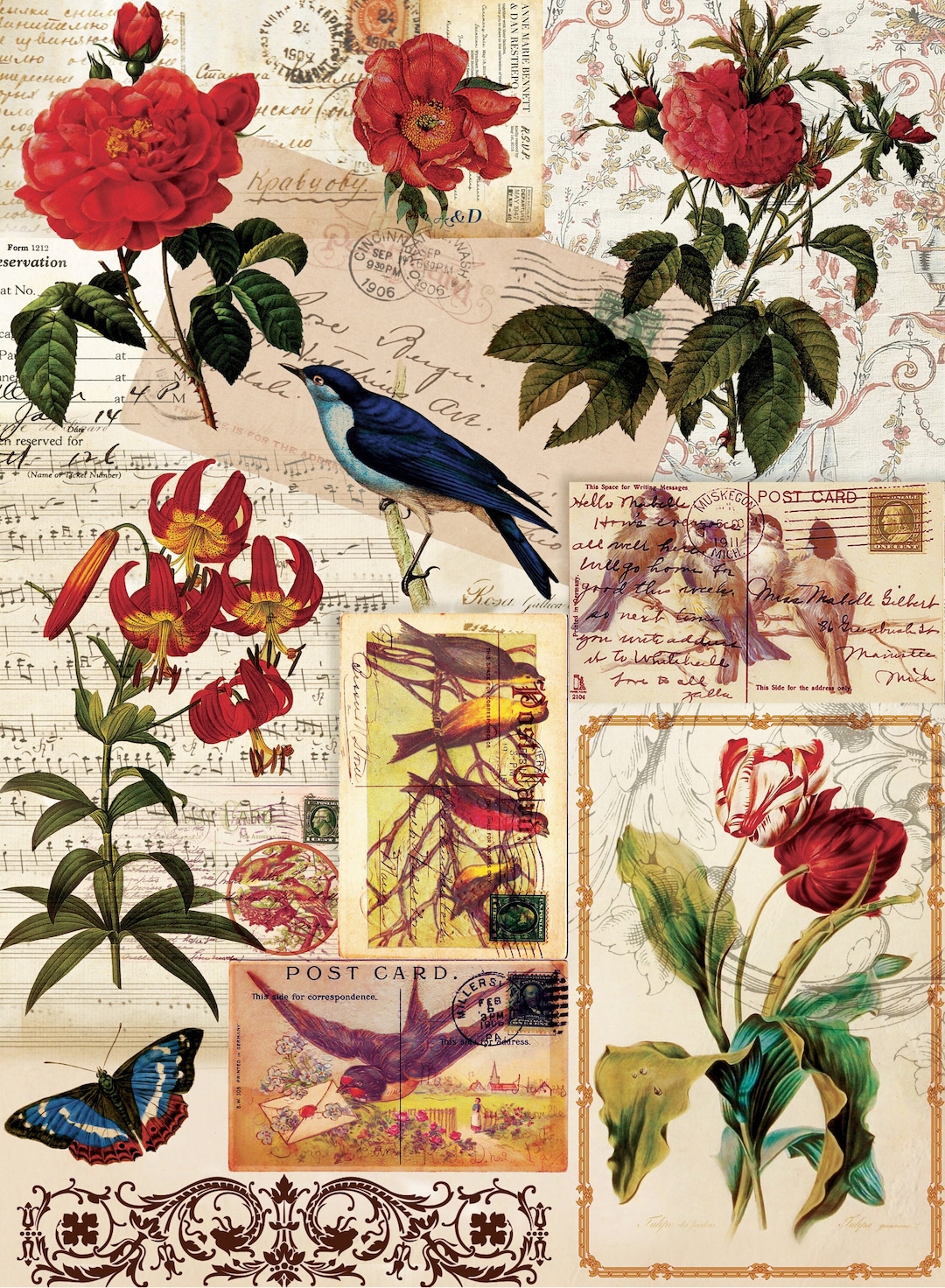 Birds Flowers Vintage Decoupage Paper - Decoupage Art - Large Size Rice ...