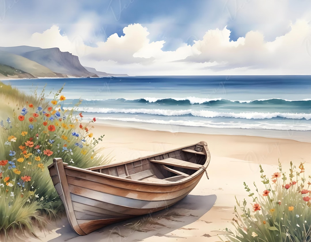 Beach - Large Decoupage Paper - 6 Size Options - Sunset - Wooden Boat ...