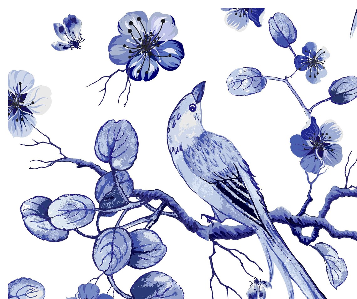 Blue Bird & Floral Decoupage Paper - Vintage Rice Paper for Furniture ...