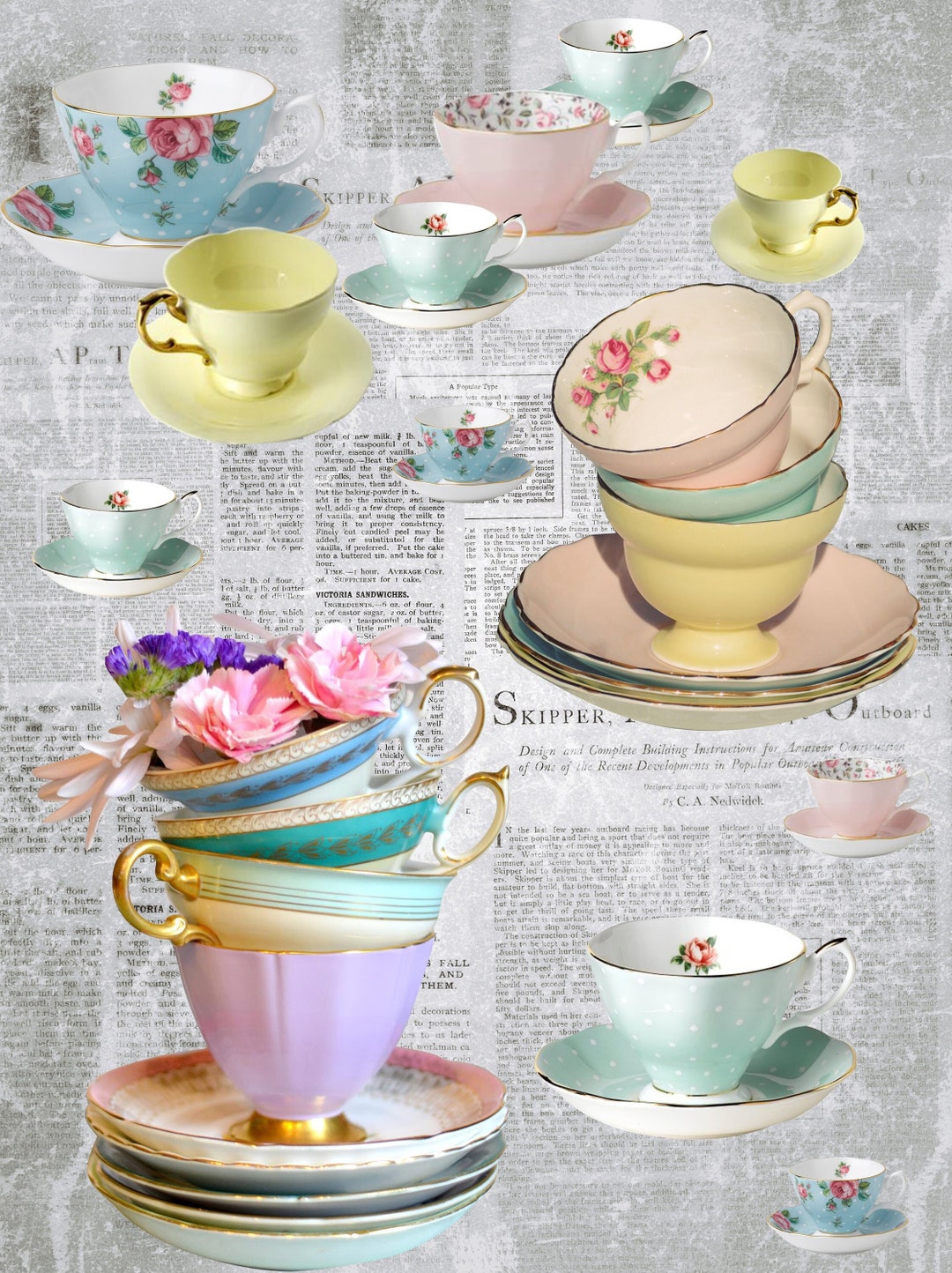 Tea Cups - Decoupage Paper - Decoupage Art - Rice Paper for Decoupage ...