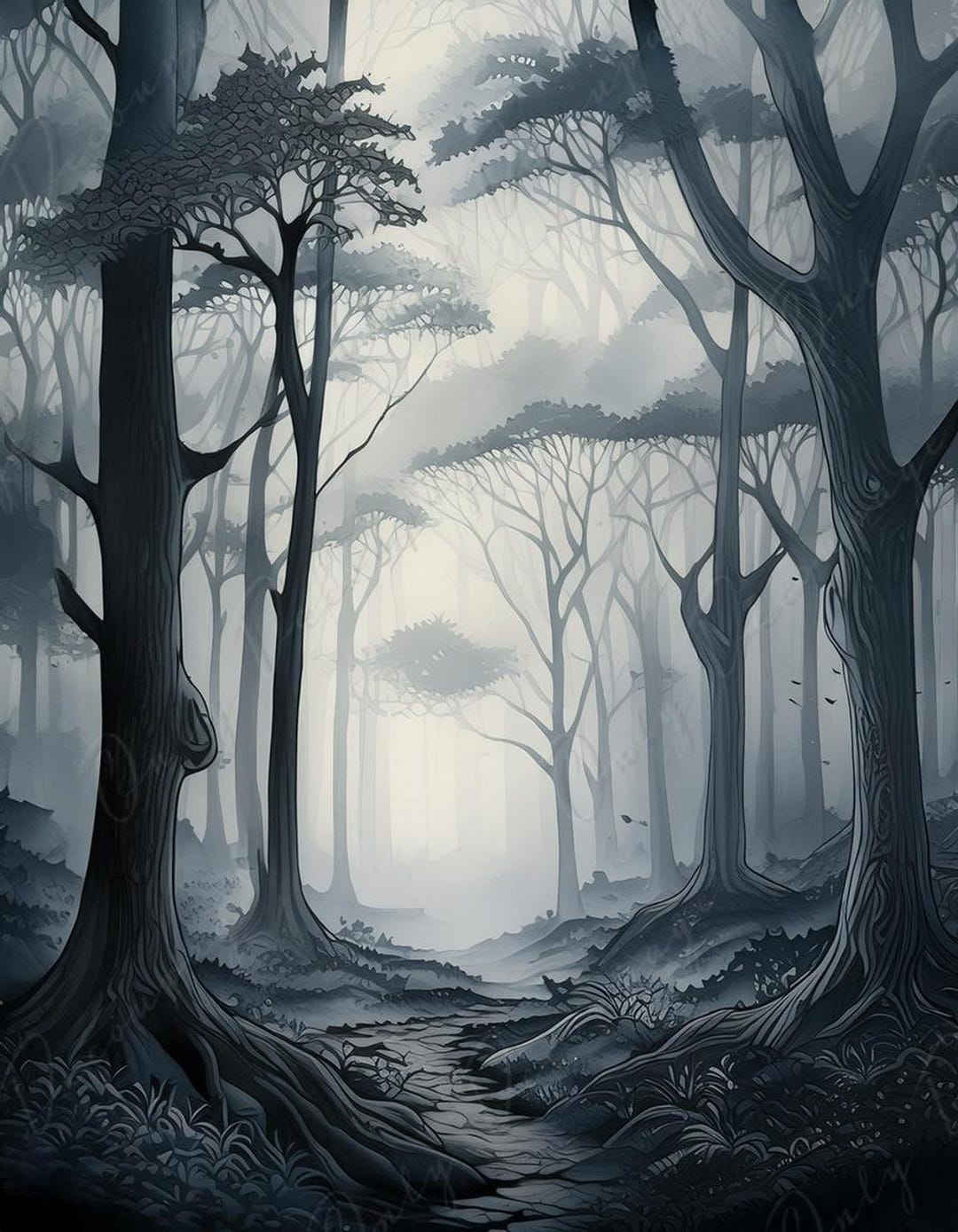 Misty Forest - Decoupage Paper - 3 Size Options - Black & White Trees ...