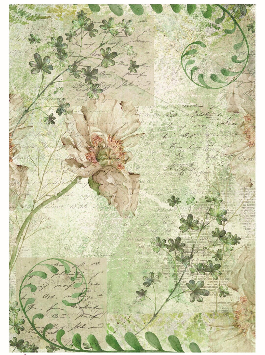 White Green Floral Decoupage Decoupage Art Large Size Rice Paper for ...
