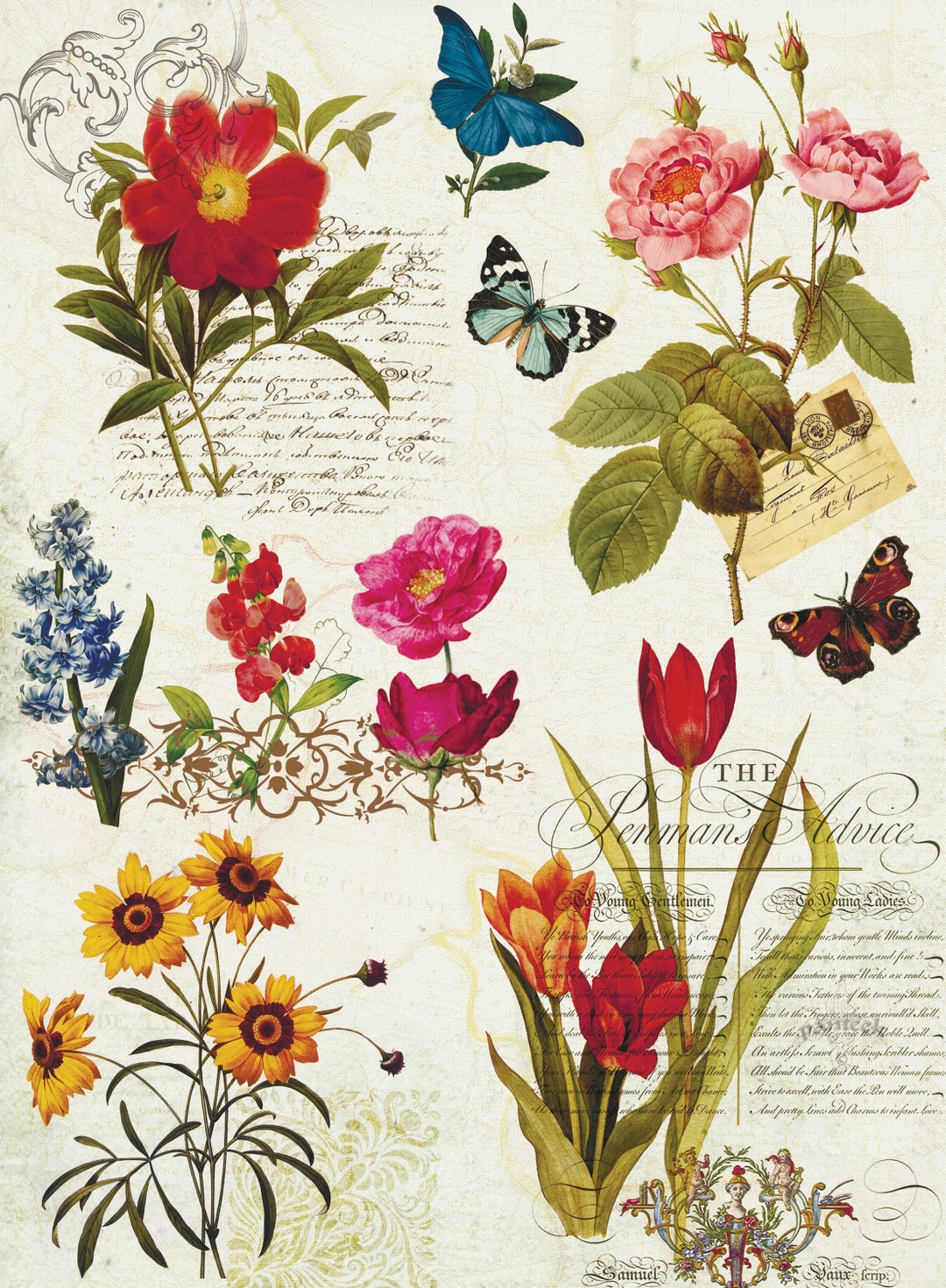 Spring Flowers Vintage Decoupage Paper - Decoupage Art - Large Size ...