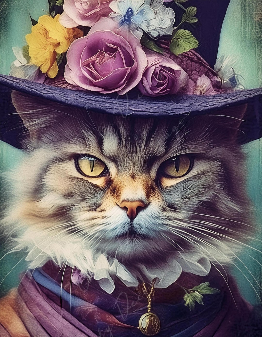 Cat With Hat Decoupage Paper - Floral Portrait Rice Paper - Etsy
