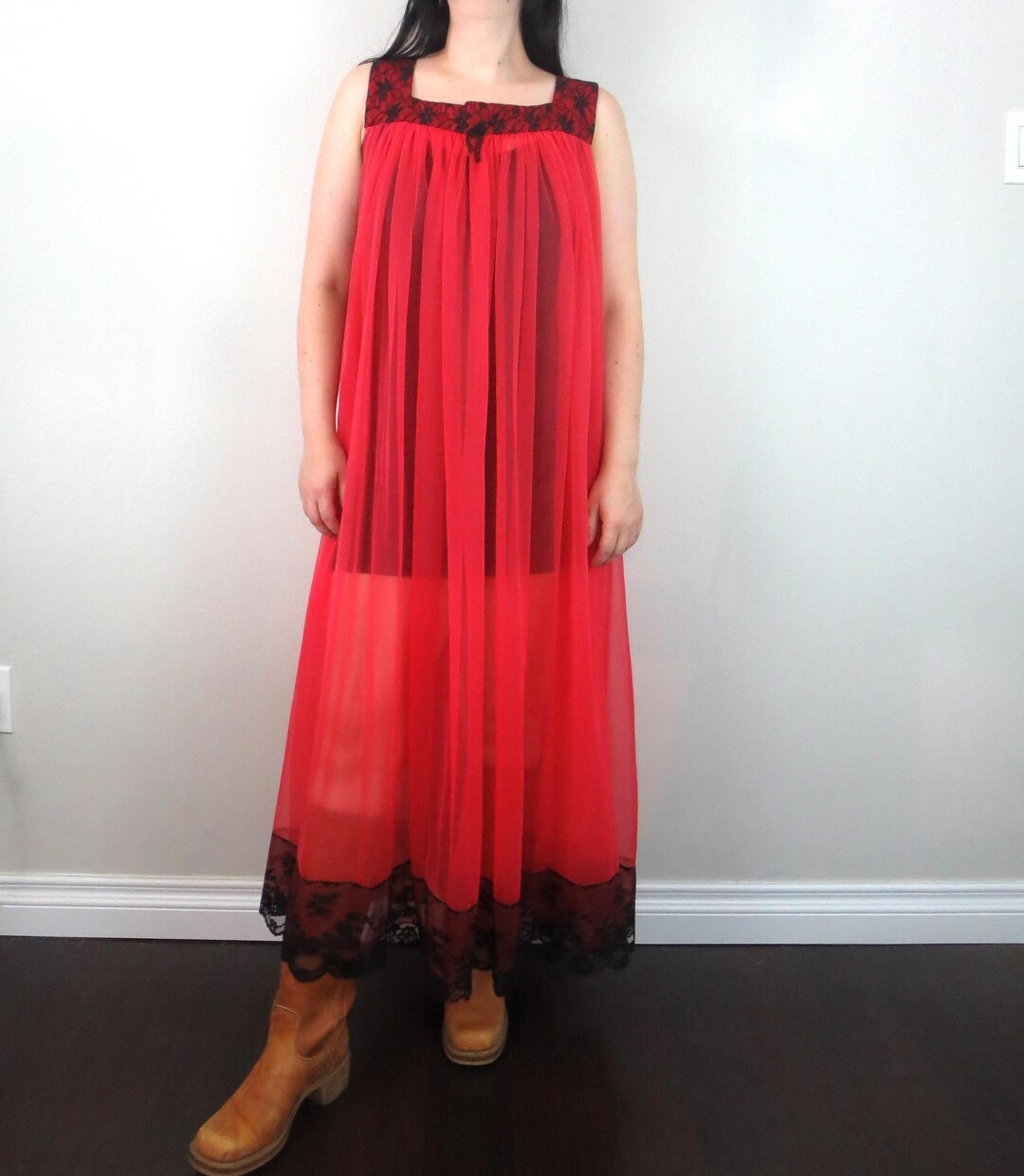 Vintage 1960s Red & Black Sheer Nightgown / Black Lace Red Chiffon ...