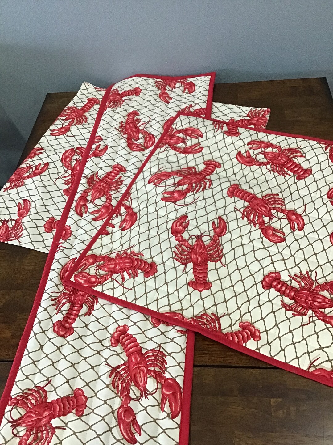 Lobster Quilted Table Runner Topper Set Red Beige Lobster Fest Summer ...