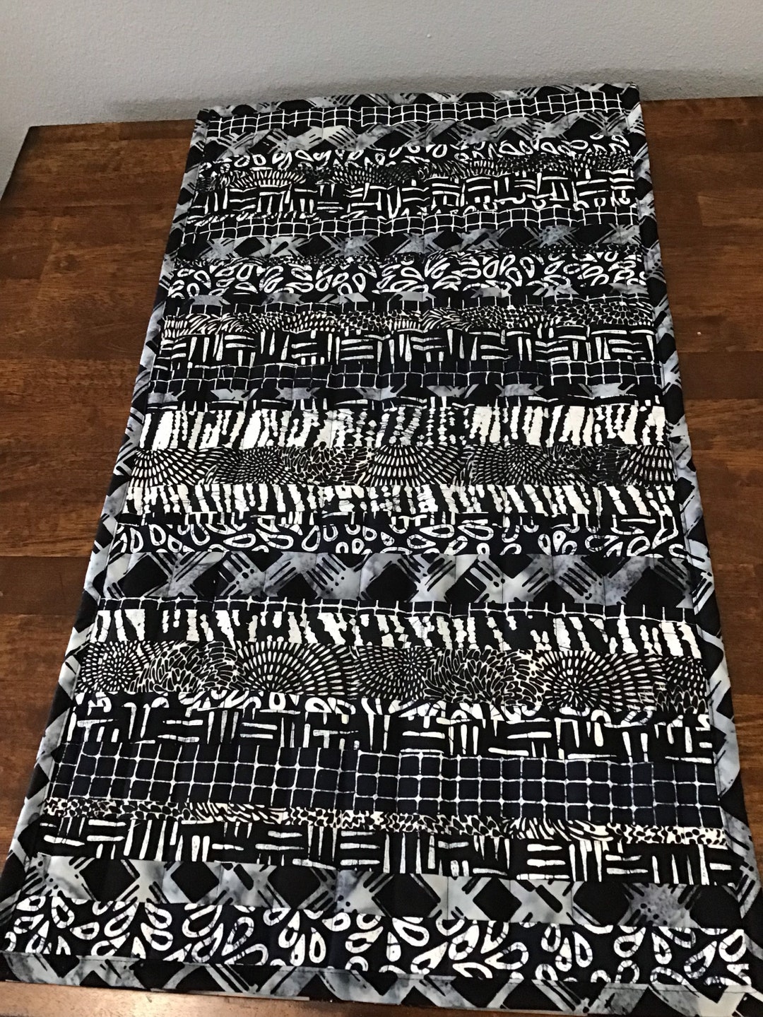 Black Batik Table Runner Quilted Modern Dresser Scarf Bohemian - Etsy