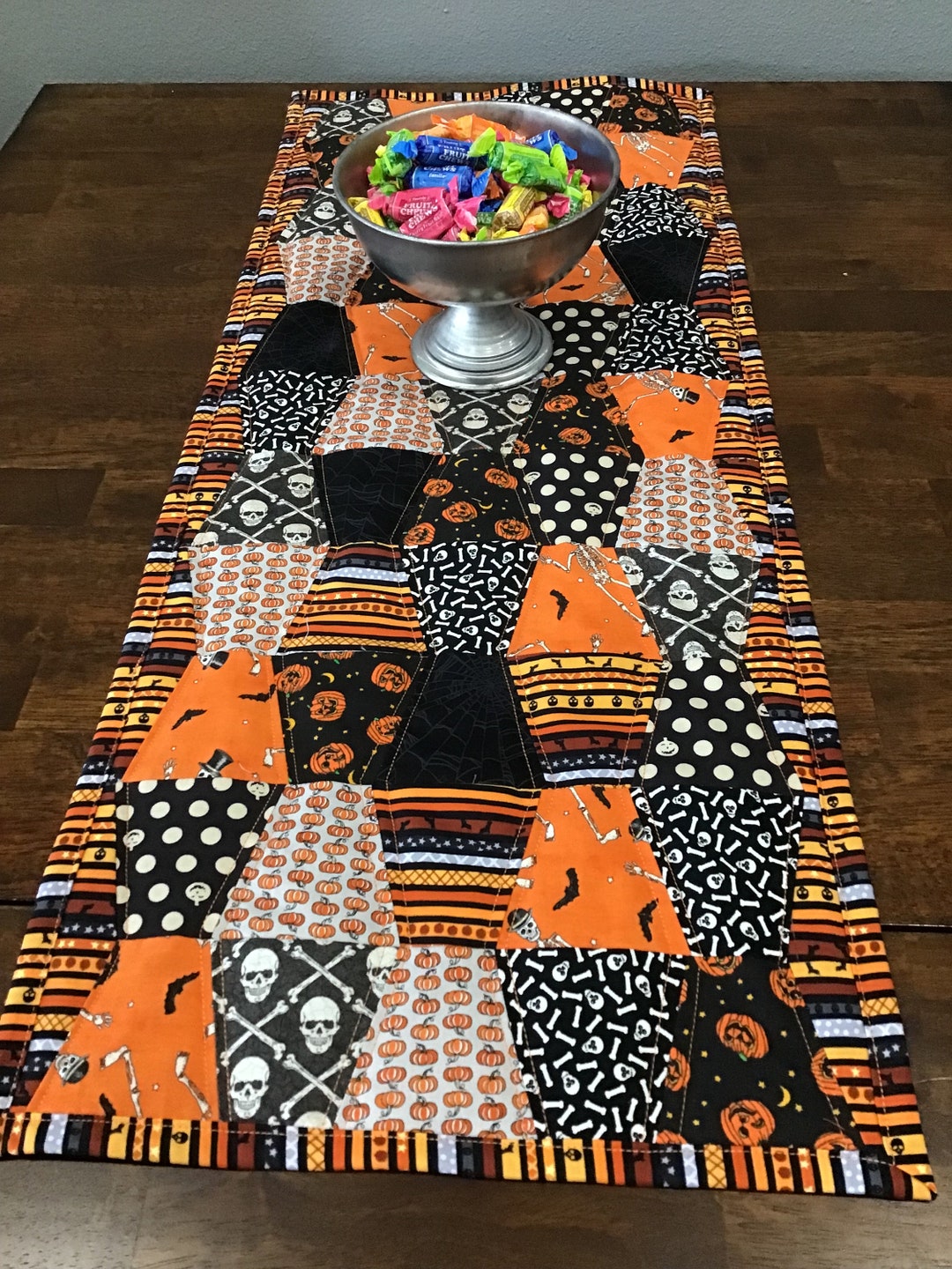 Halloween Skull Bones Quilted Runner Orange Black Table Runner Cover ...