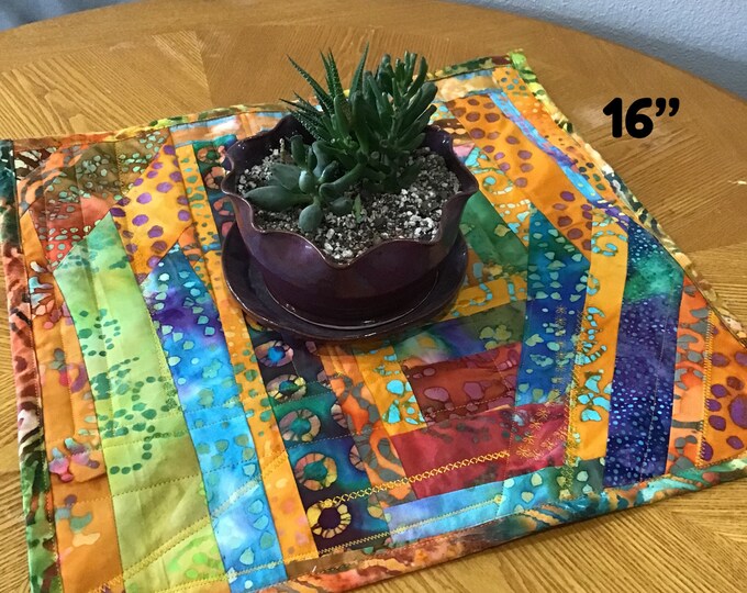 Modern Orange Gold Boho Quilted Table Topper, Orange Gold Teal Batik ...