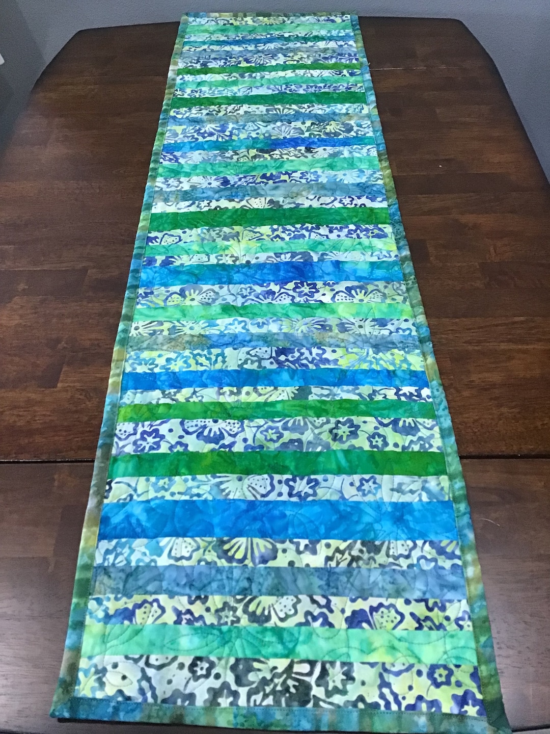 Batik Table Runner Blue Green Quilted Dresser Scarf Table Cover Floral Beach Tropical Coastal ...