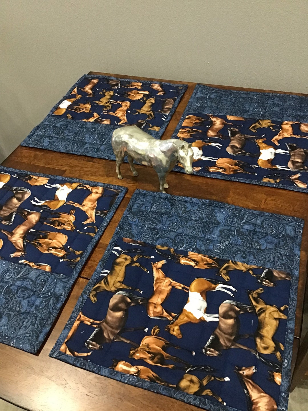 Western Horse Quilted Placemats Set of 6 Blue Placemats Washable Cowboy ...