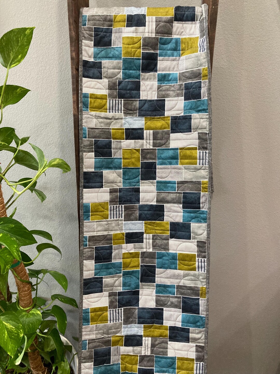 Modern Quilted Table Runner or Wall Hanging Blues Teal Grays Green ...