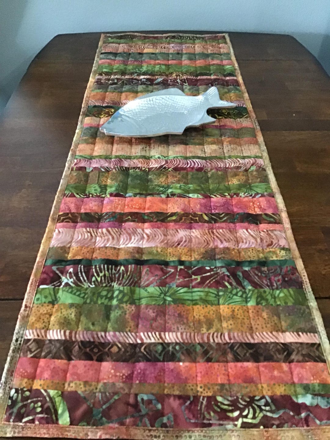 Batik Quilted Table Runner Burgundy Greens Browns Table Cover Dresser ...