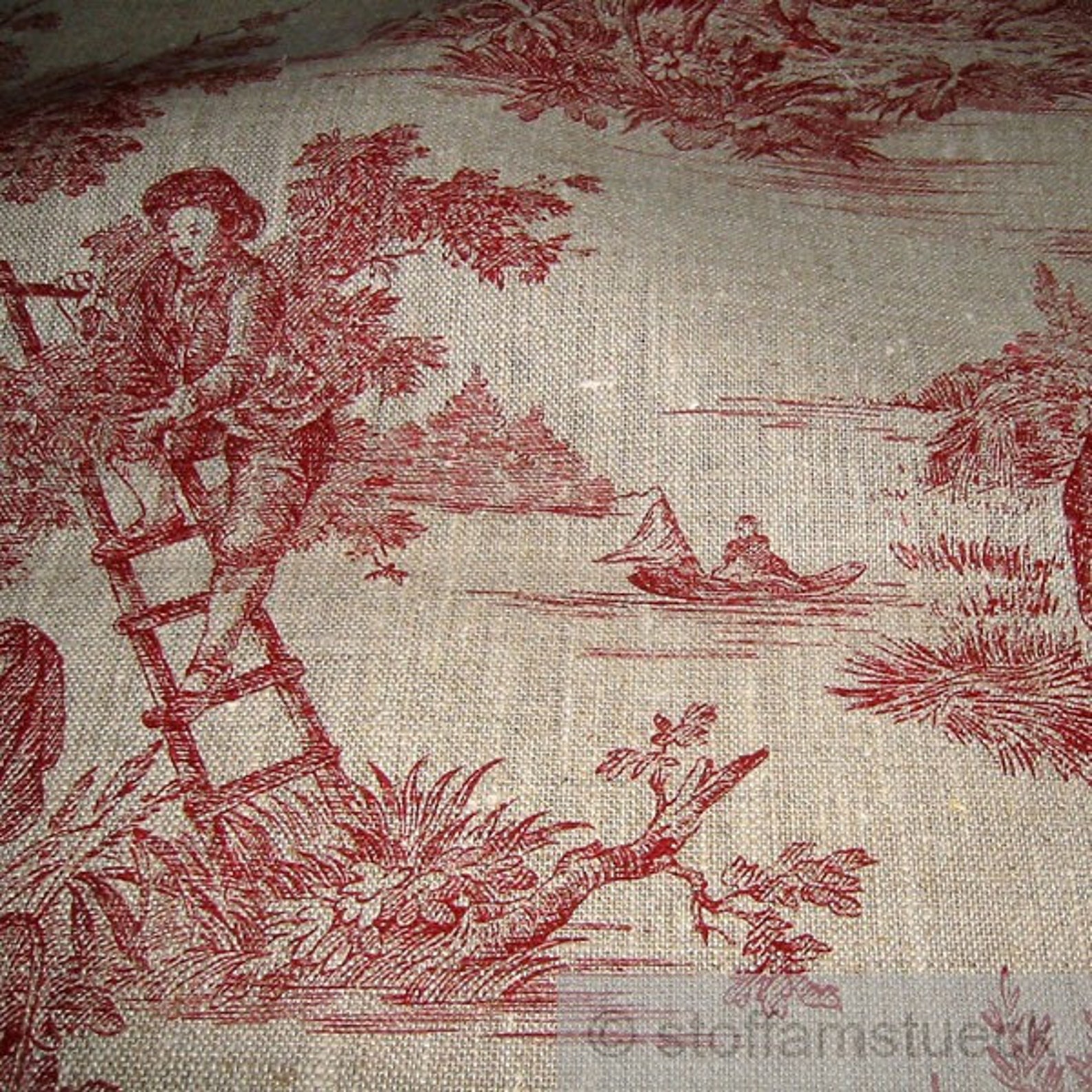 Fabric Linen Toile De Jouy Crop Nature Red Pure Linen Classic | Etsy
