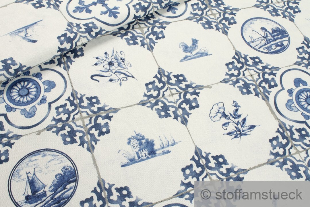 Fabric Cotton Polyester Canvas Off-white Delft Tile Blue Delft Tiles ...