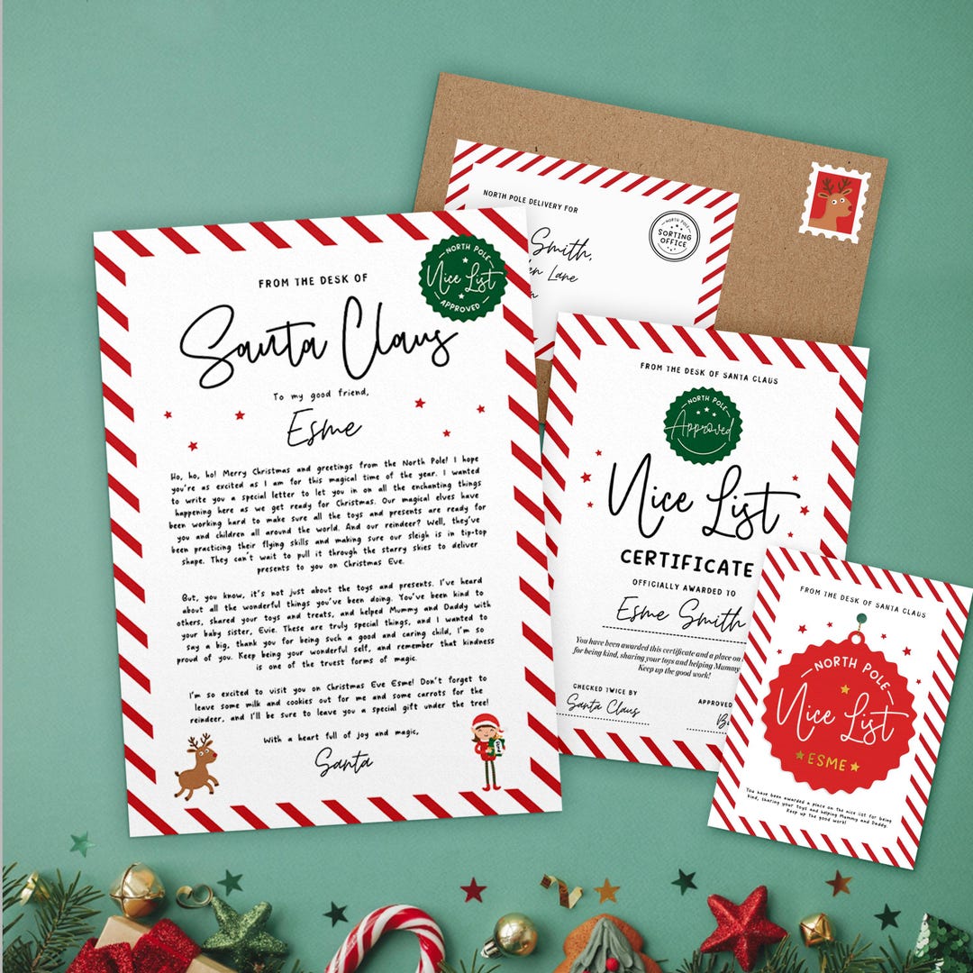 Personalised Letter From Santa Bundle - Stripes | Nice List Certificate ...