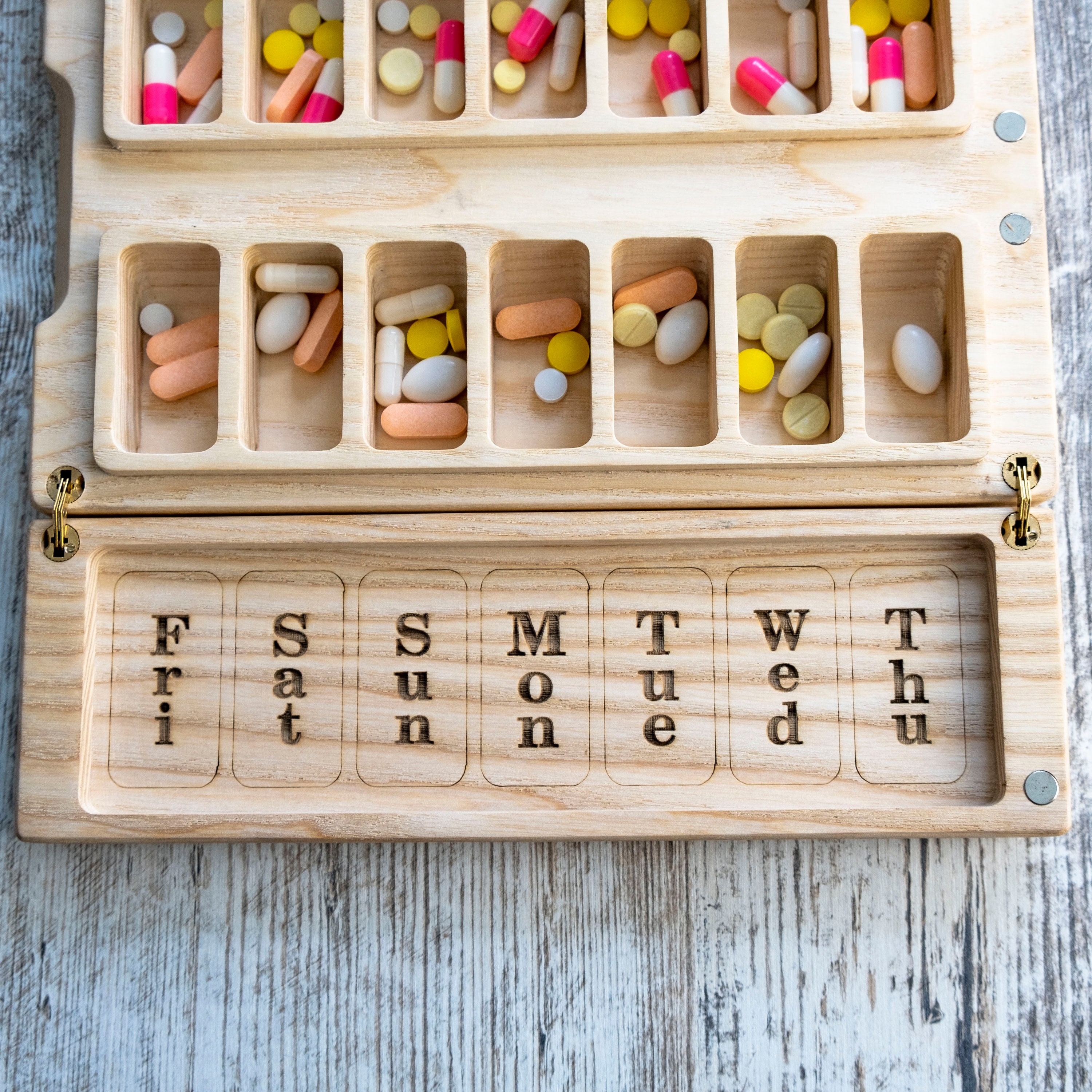 Wood Pill Box 7 Day Sun and Moon Day and Night Weekly Pill Box | Etsy