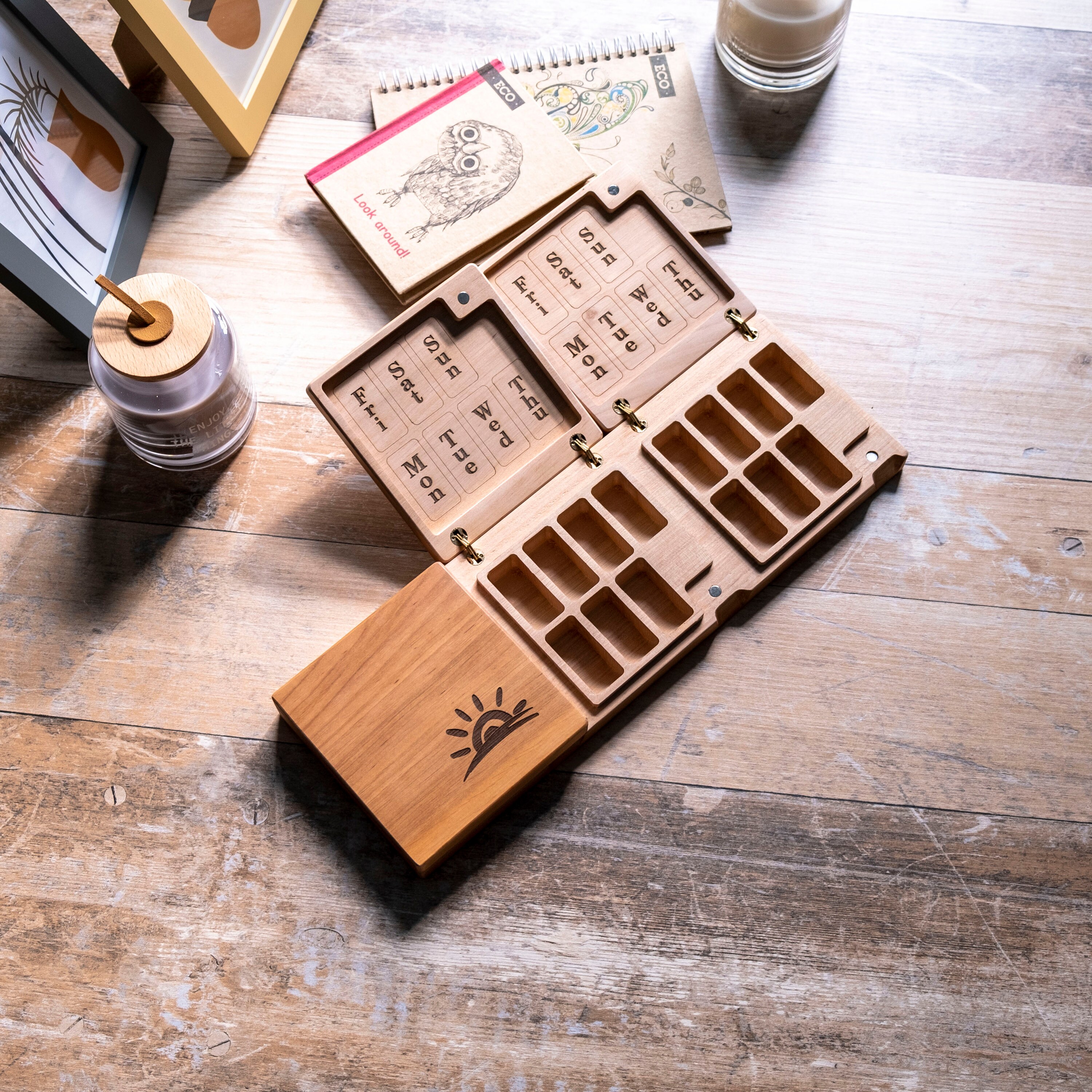Pill Box Wood Case Weekly Pill Box Wooden Day Weekly Pill Case Pill ...