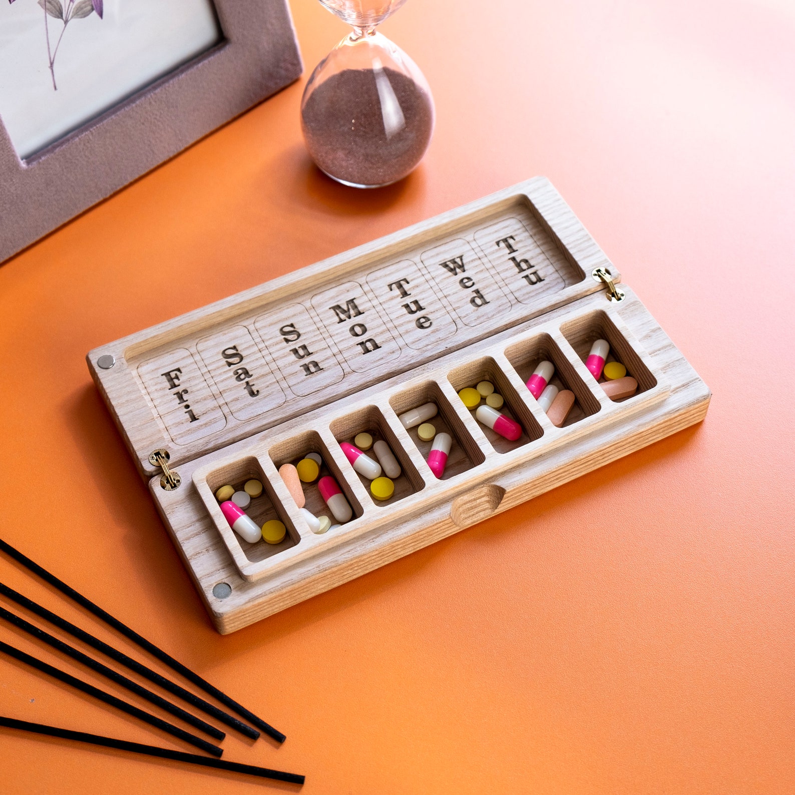 Wood Pill Box 7 Day Sun and Moon Day and Night Weekly Pill Box - Etsy