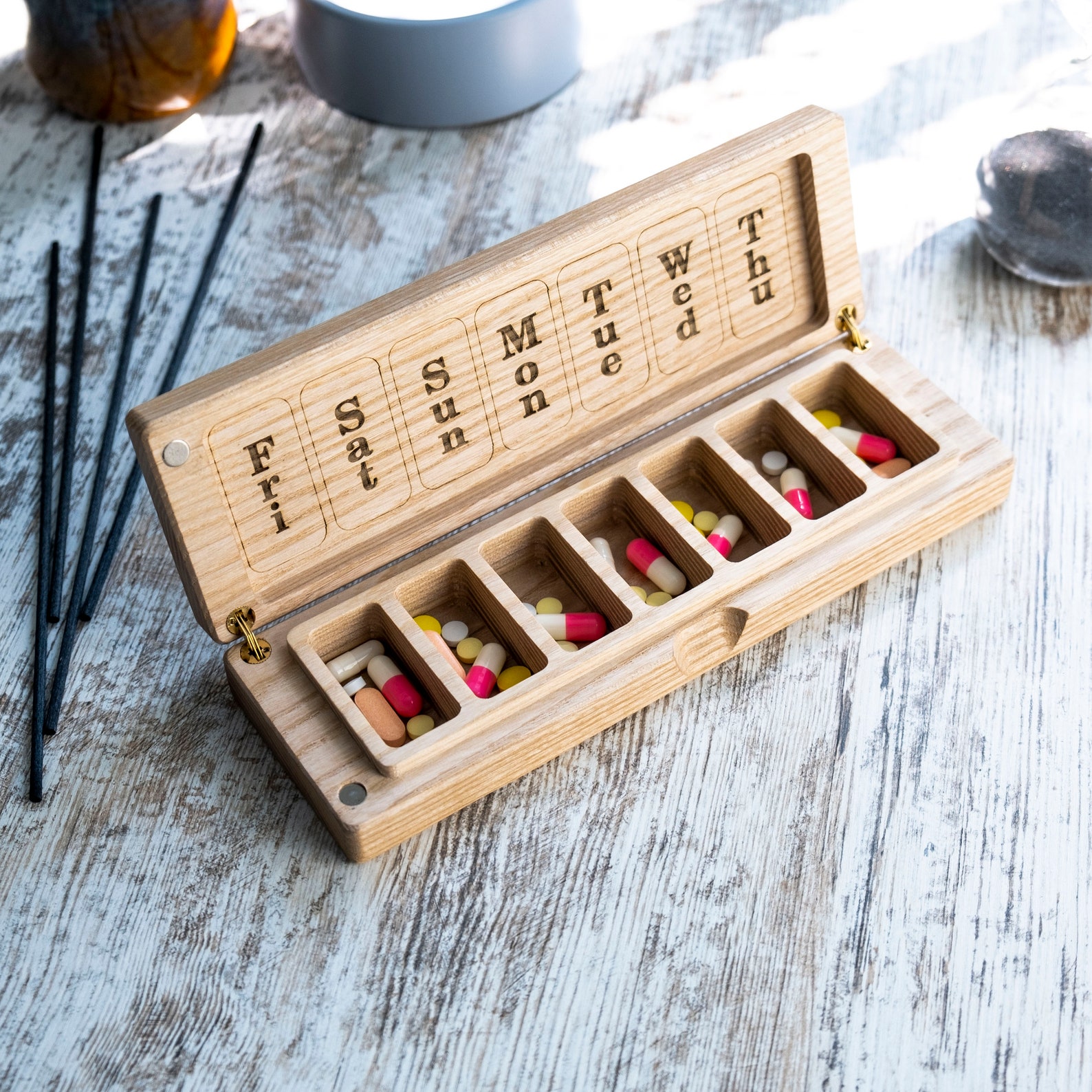 Wood Pill Box 7 Day Sun and Moon Day and Night Weekly Pill Box - Etsy