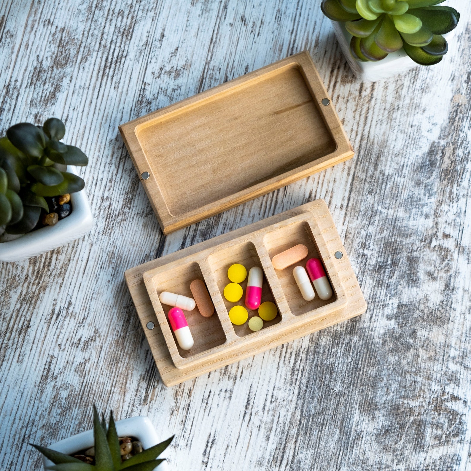 Pill Box Wood Case Weekly Pill Box Day Weekly Pill Case Round Pill Case ...
