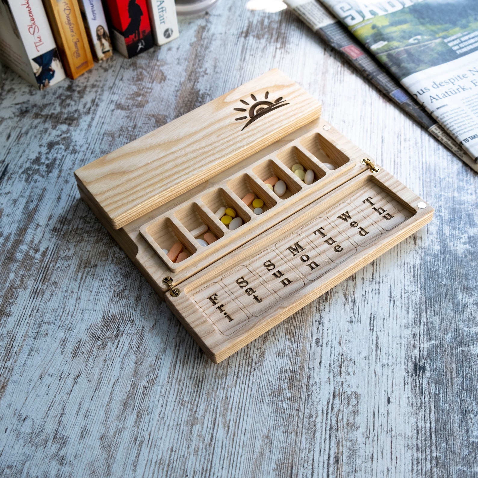 Wood Pill Box 7 Day Sun and Moon Day and Night Weekly Pill Box - Etsy