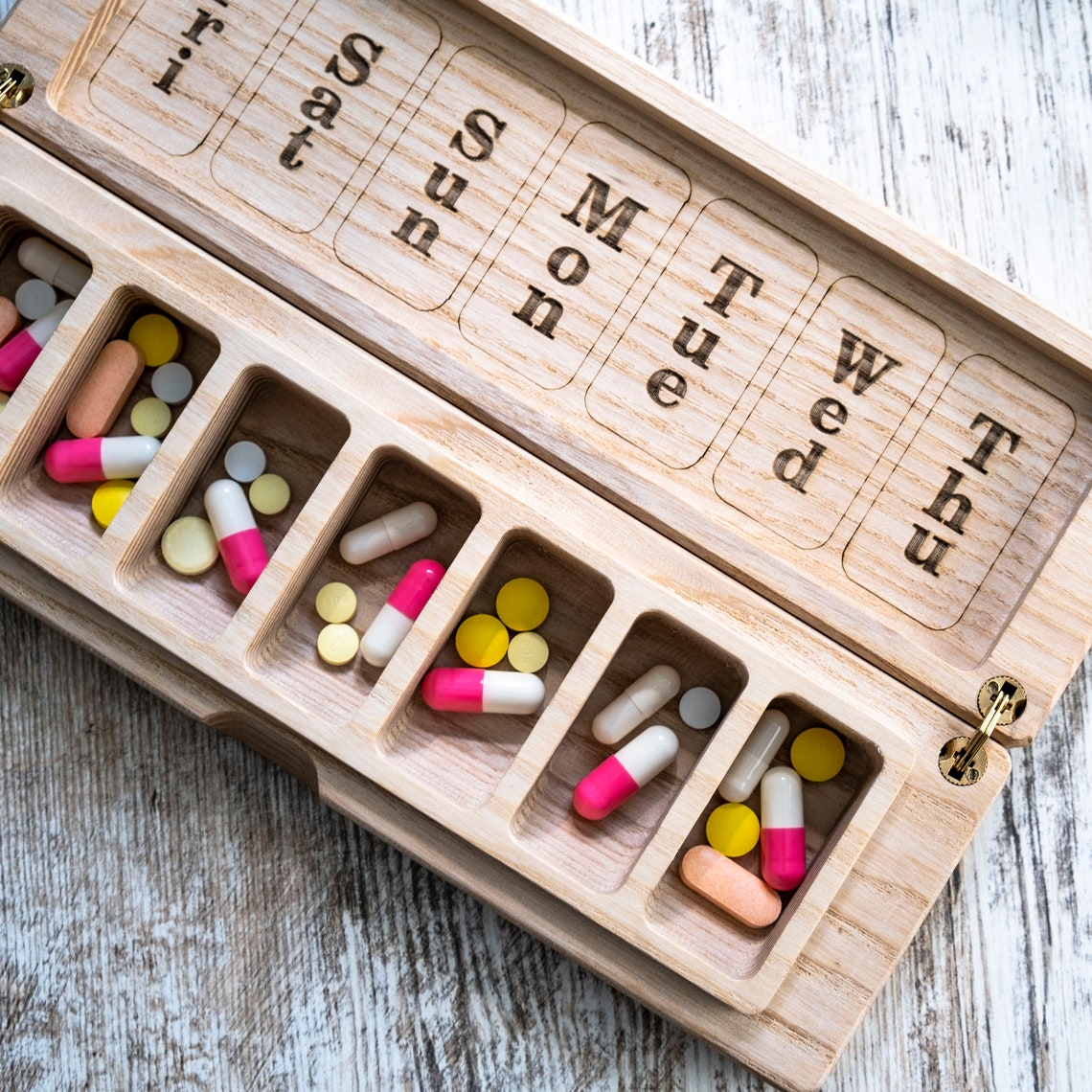 Wood Pill Box 7 Day Sun and Moon Day and Night Weekly Pill Box - Etsy