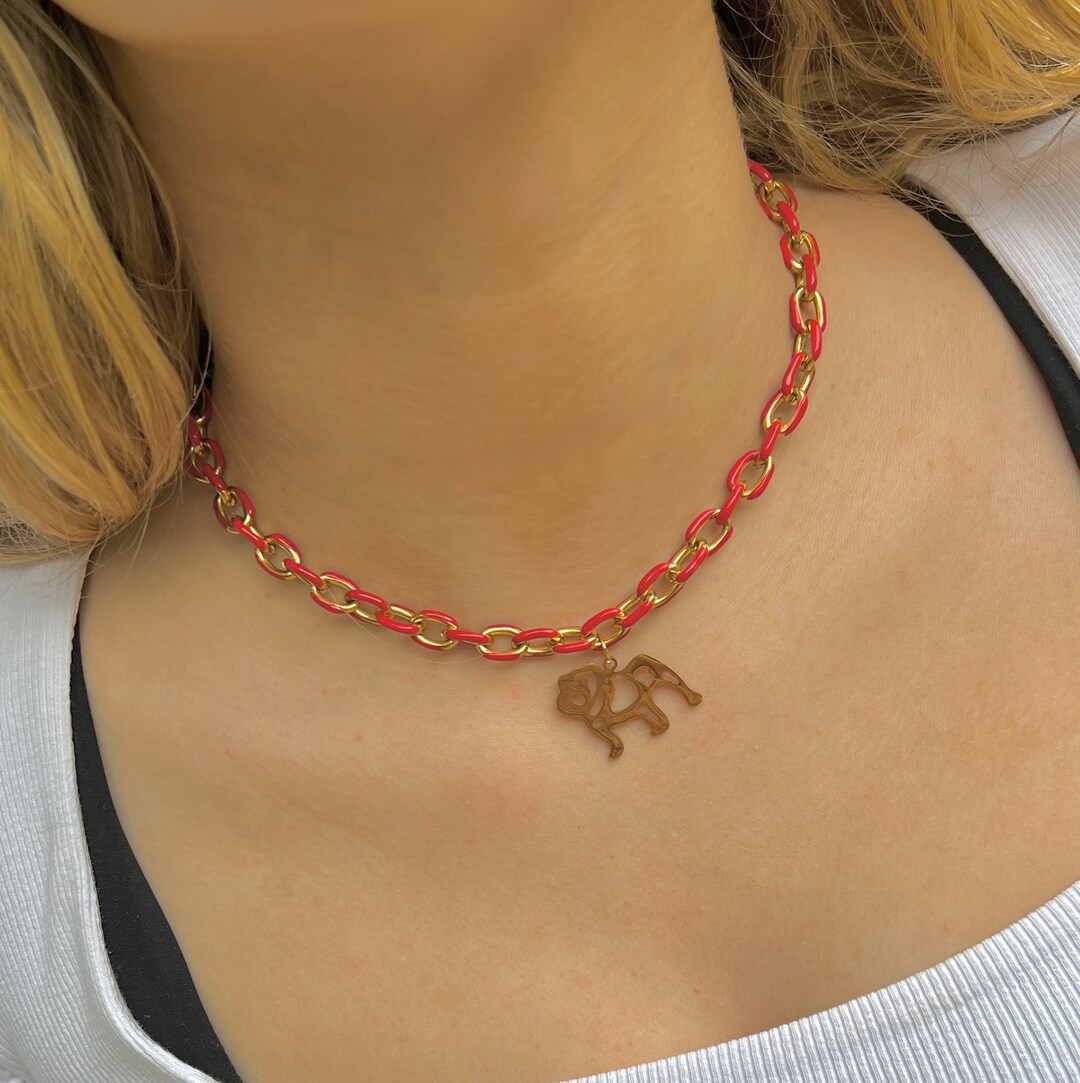 Bulldog Necklace - Chunky Chain Stainless Steel Red Enamel Gameday ...