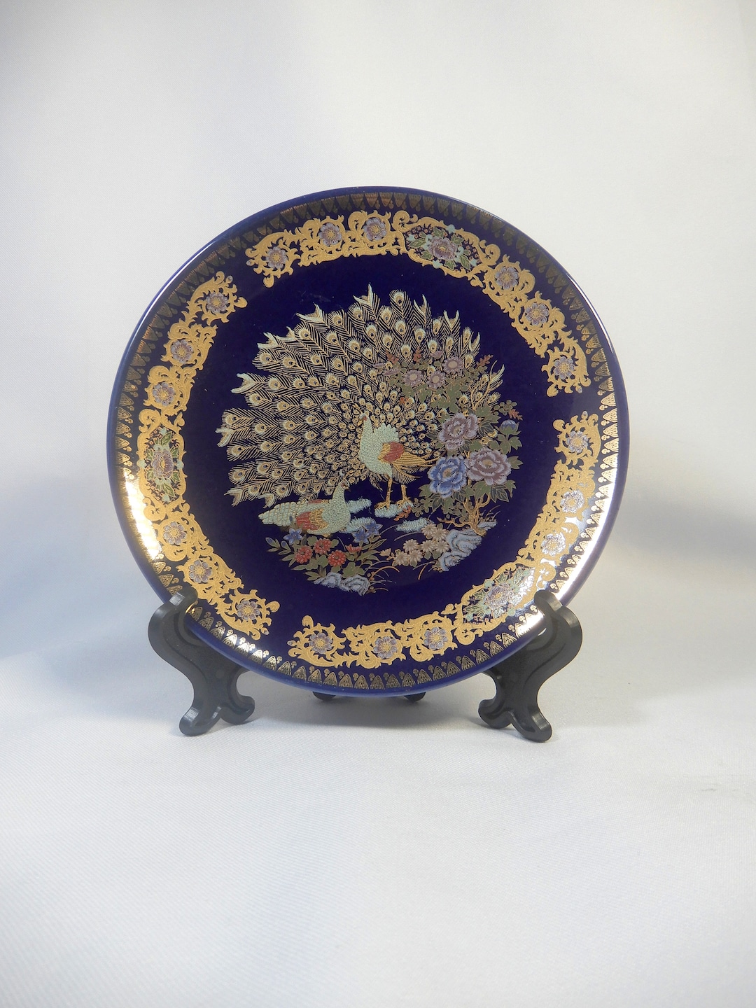 Vintage Moroccan Taous Peacock Cobalt Blue Porcelain Plate With Easel ...