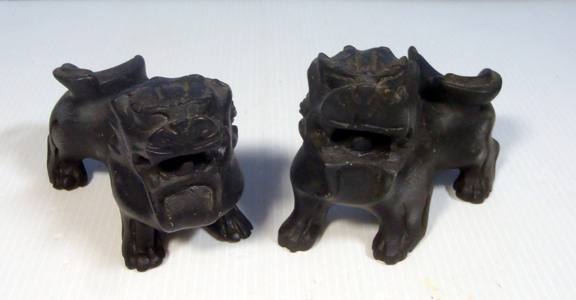 Antique Rare Shoushan Stone Foo Dogs Pair Hand Carved Wood | Etsy