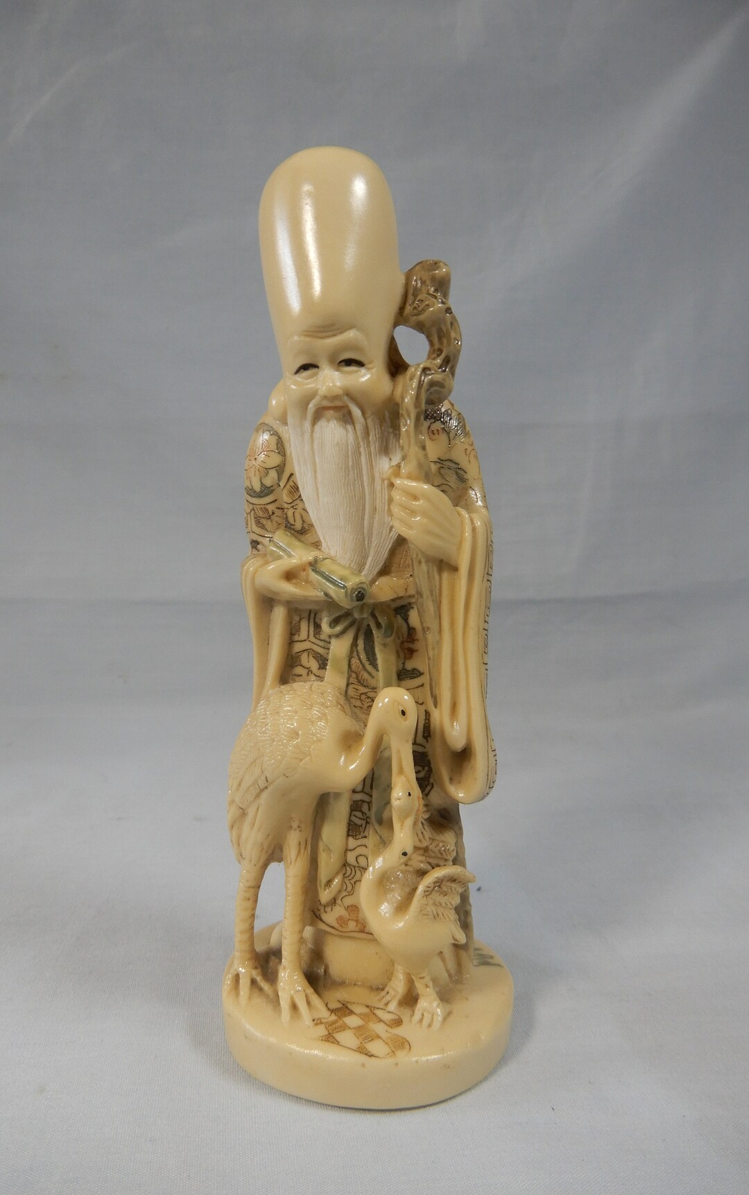 Vintage Japanese Figurine Resin Netsuke Deity With Storks Sign Circa ...