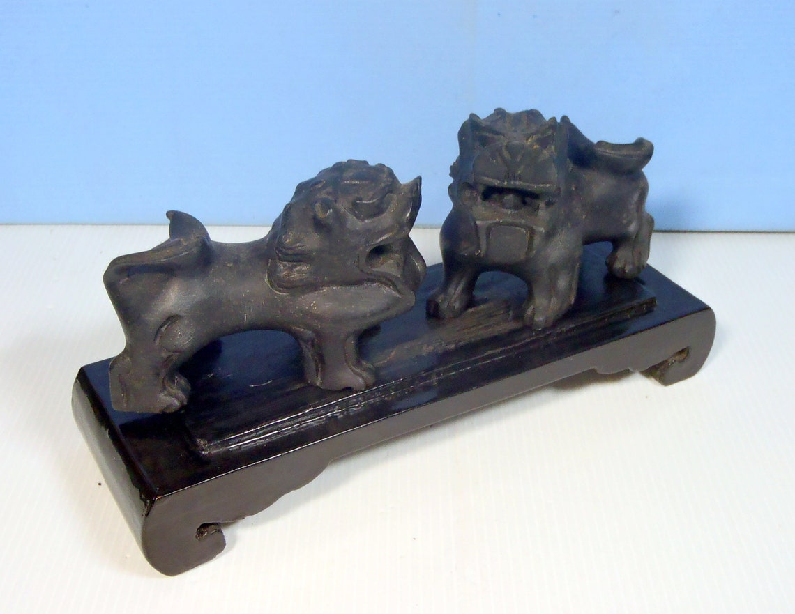 Antique Rare Shoushan Stone Foo Dogs Pair Hand Carved Wood | Etsy