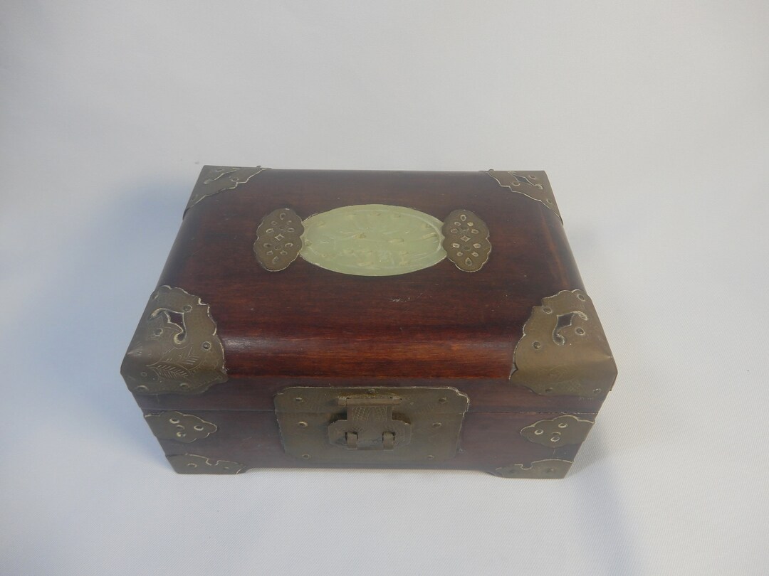 Chinese Antique Wooden Jewelry Box Jade Inlaid Brass Accessories Silk ...