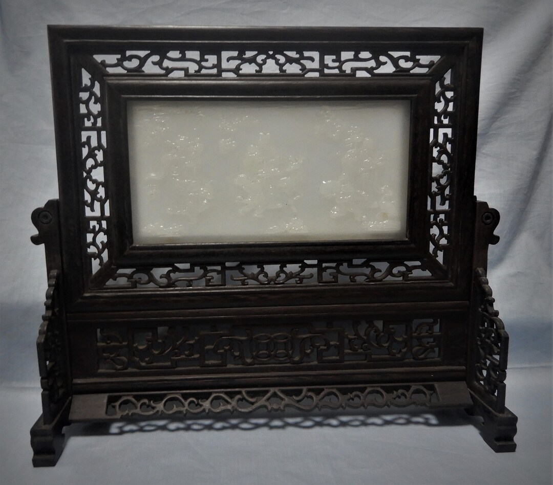 Antique White Jade Stone Table Screen Carved 3 Immortals Fu Lu Shou ...