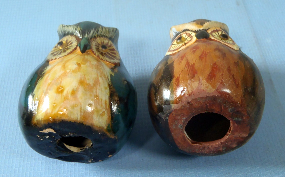 Art Pottery Vintage Ceramic Owls Pair Hand Painted Exotic Wood | Etsy