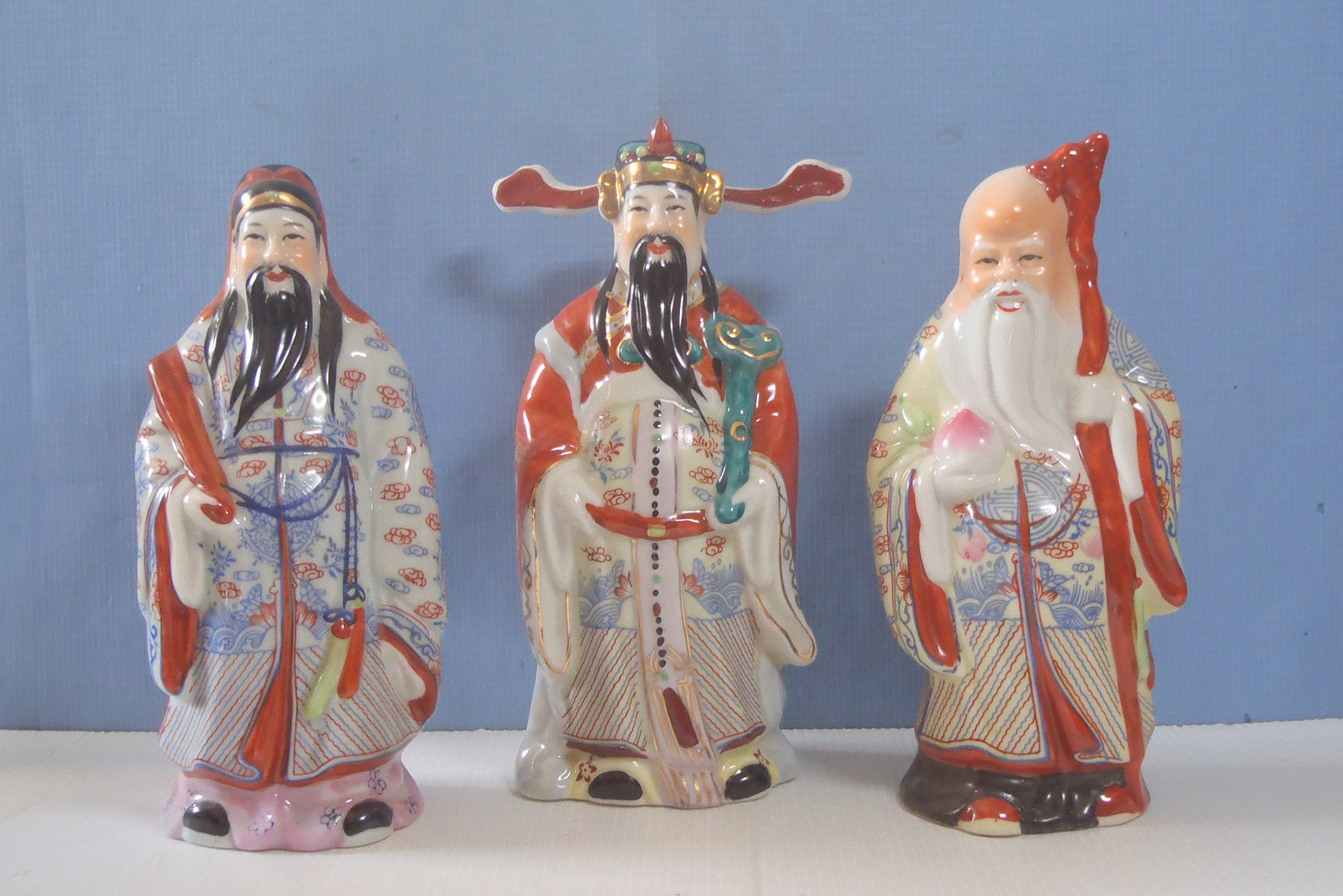 Vintage Porcelain Fu Lu Shou Statues Deities of Good Fortune Circa ...