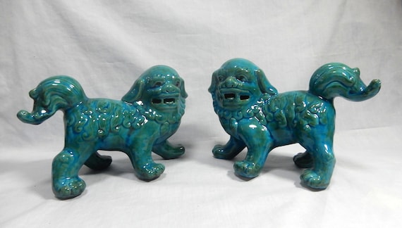 Vintage Turquoise Blue Fu Foo Dogs Pair Large Circa Mid - Etsy