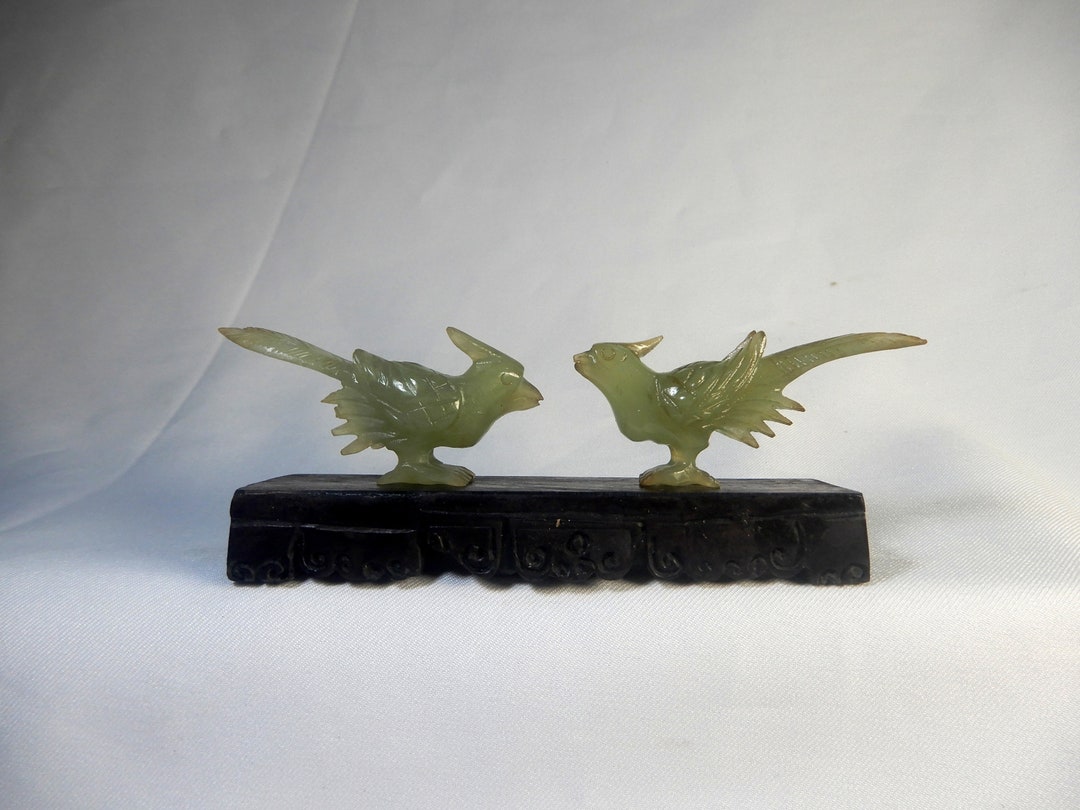 Vintage Chinese Jade Nephrite Birds One Pair Hand Carved on Display ...