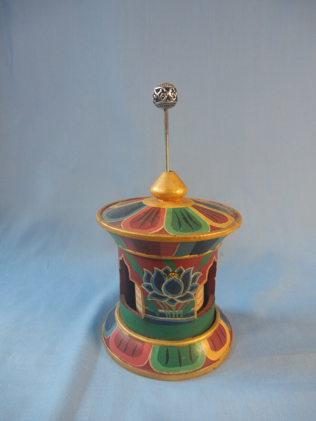 Vintage Tibetan Nepal Table Top Wooden Prayer Wheel With Sutra in ...