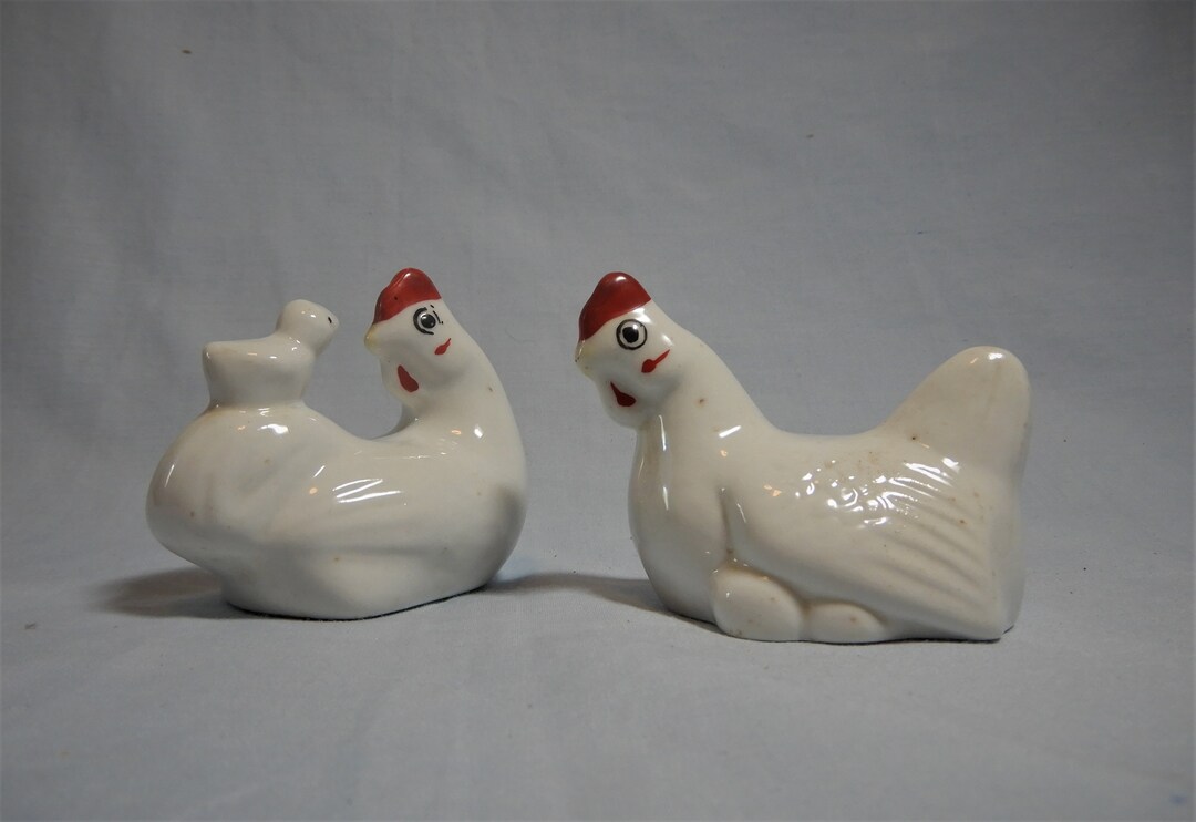 Vintage White Porcelain Chicken Pair Hand Crafted Hand Painted Mid ...