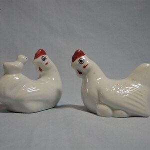 Vintage White Porcelain Chicken Pair Hand Crafted Hand Painted Mid ...