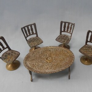 Vintage Miniature Brass Furniture Set Table 4 Chair Engravings Circa ...