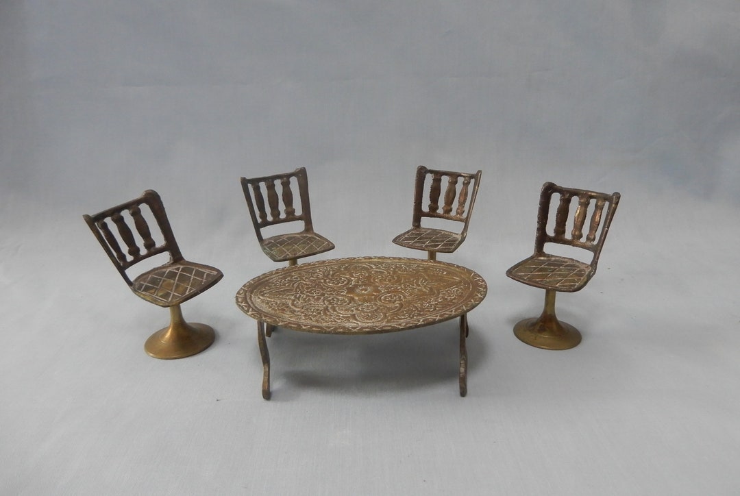 Vintage Miniature Brass Furniture Set Table 4 Chair Engravings Circa ...