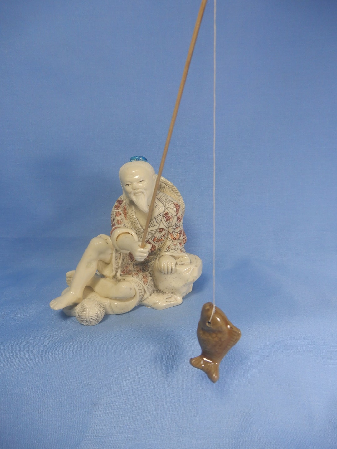Vintage Japanese Netsuke Fisherman With Fish Hand Crafted Circa Mid 20 ...