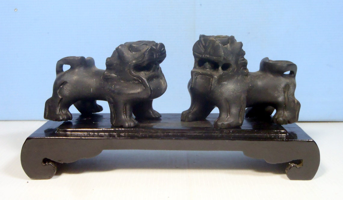 Antique Rare Shoushan Stone Foo Dogs Pair Hand Carved Wood | Etsy