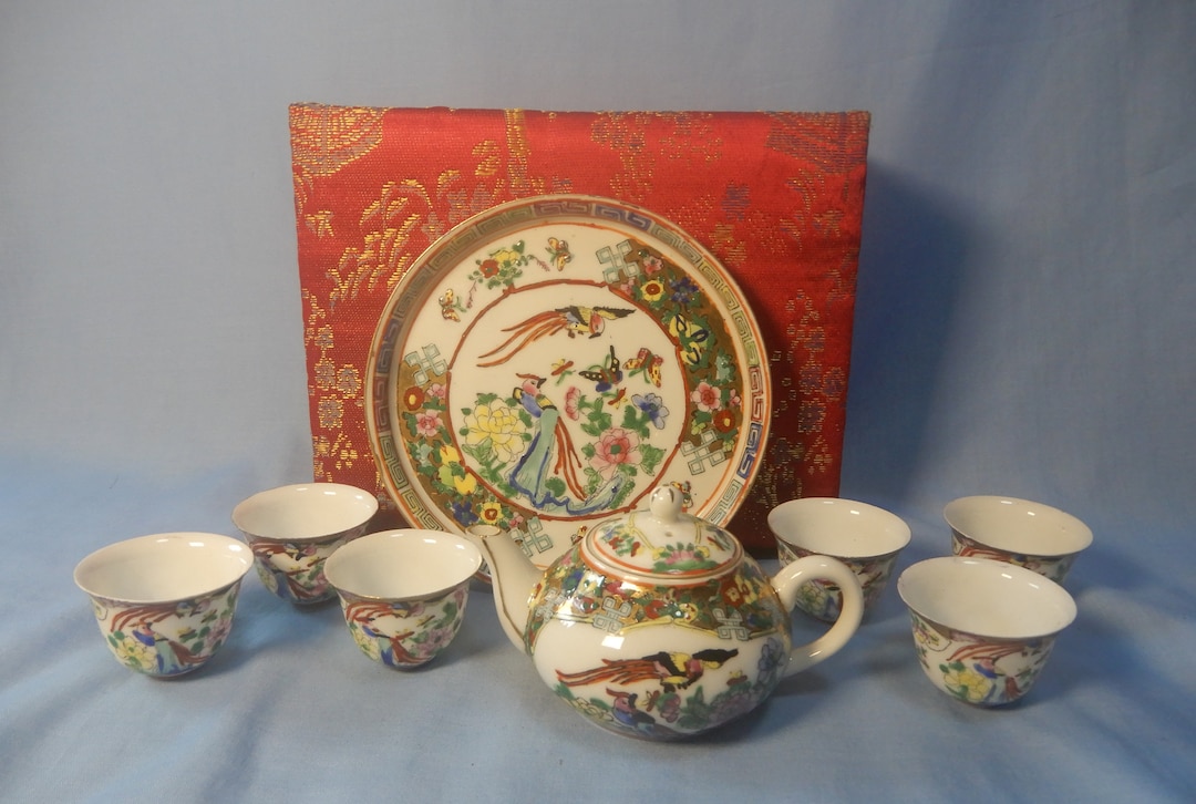 Vintage Chinese Tea Set Tray Teapot Cups Silk Brocade Box Mid Century ...