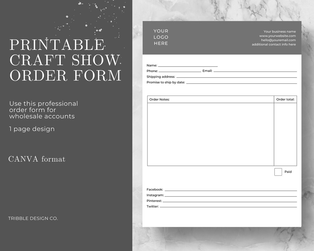 Printable Craft Show Order Form, Craft Show Order Sheet, Order Sheet ...
